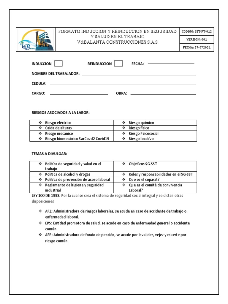 Formato de Induccion y Reinduccion | PDF
