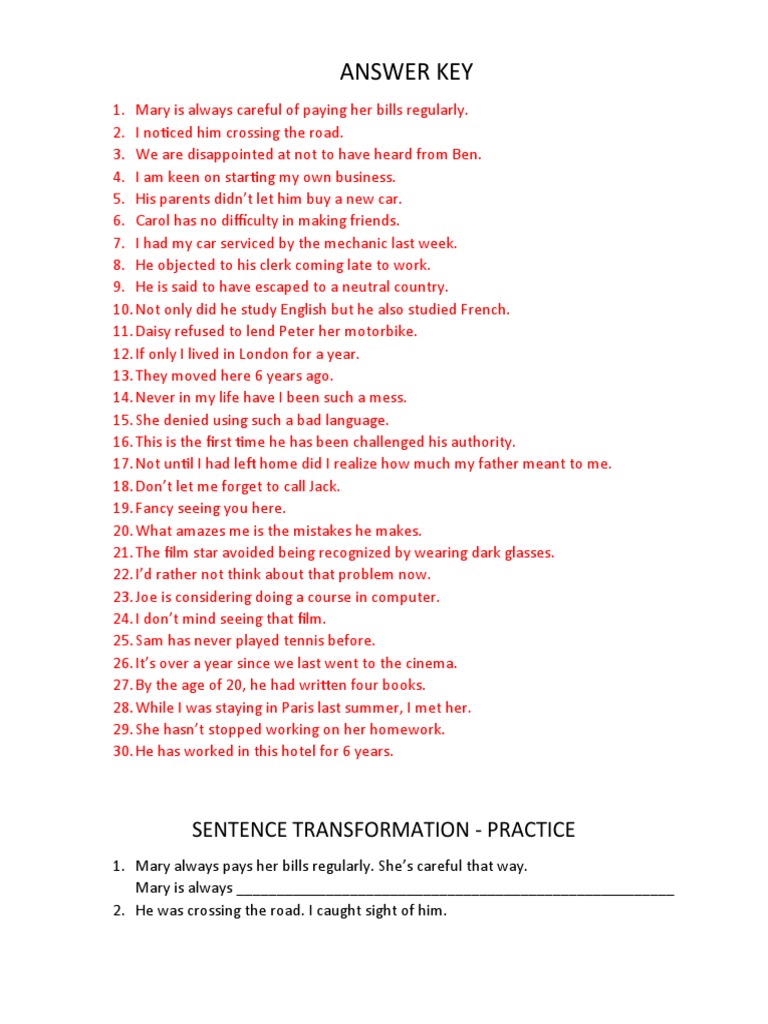 Answer Key: Sentence Transformation - Practice | PDF