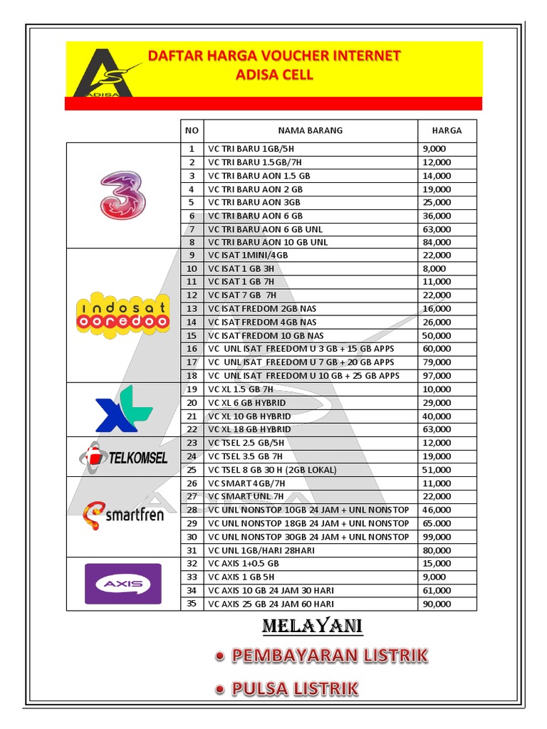 Daftar Harga Voucher Kuota Internet | PDF | Home & Garden