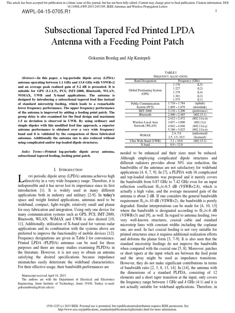 Subsectional Tapered Fed Printed LPDA Antenna With A Feeding Point ...