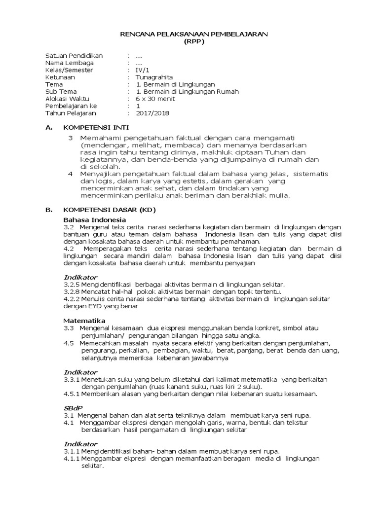 RPP Kelas IV: Bermain di Lingkungan | PDF