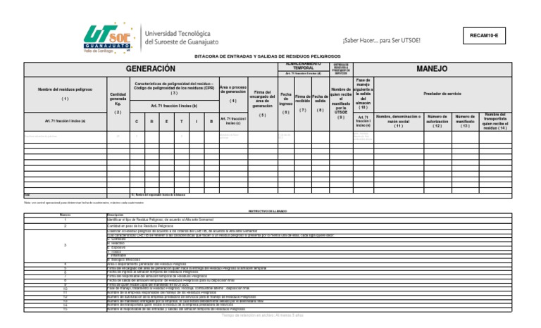 RECAM10-E Bitácora de Entradas y Salidas de Residuos Peligrosos | PDF ...