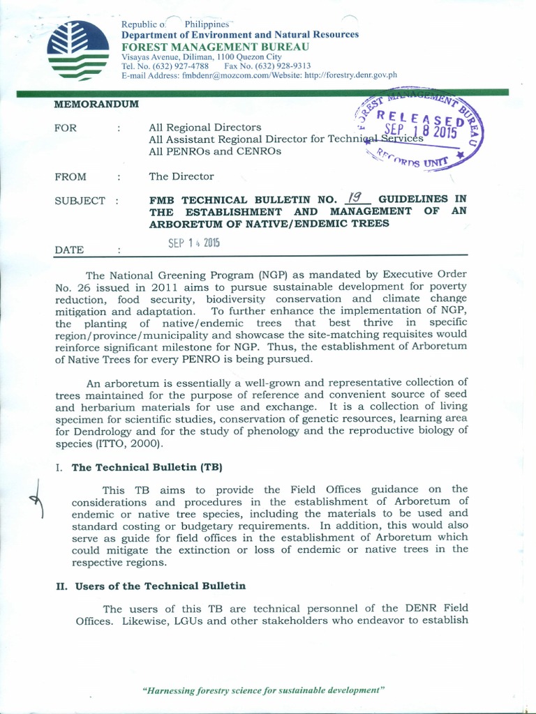 DENR FMB Memo TB 19 Guidelines in Establishment of Arboretum of Native ...