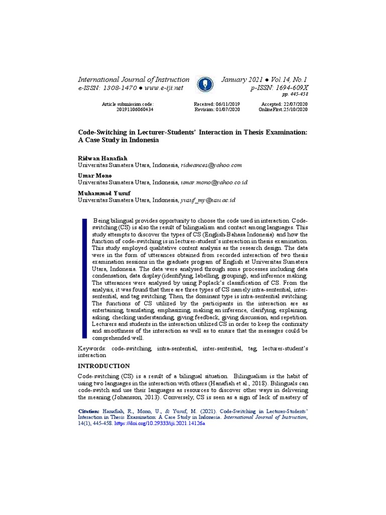 Code-Switching in Lecturer-Students' Interaction in Thesis Examination ...