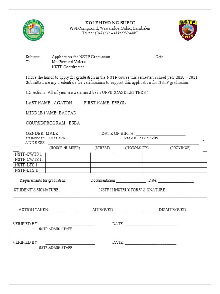 NSTP2 - Application-for-Graduation BSBA SET E | PDF | Email | Academic ...