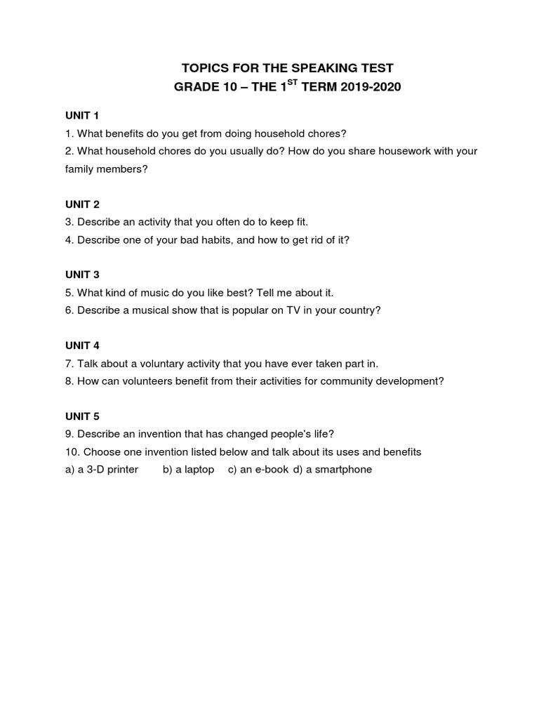 g10 - Topics For Speaking - Hk1 | PDF | Lifestyle