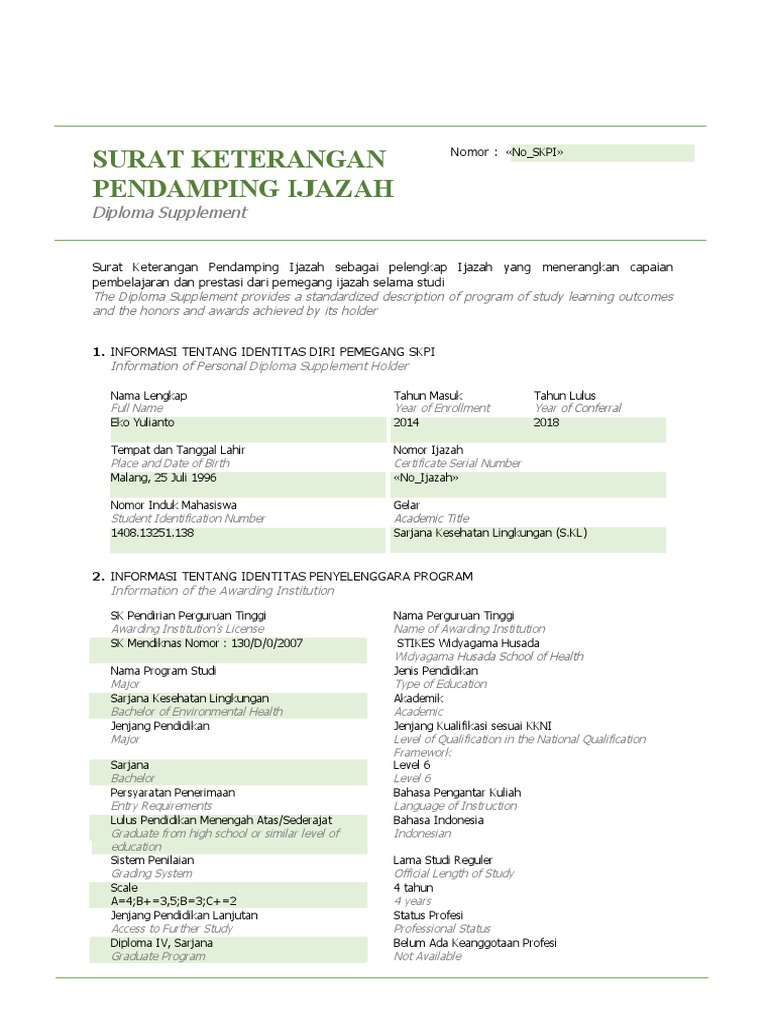 Contoh Isian SKPI Kesling | PDF