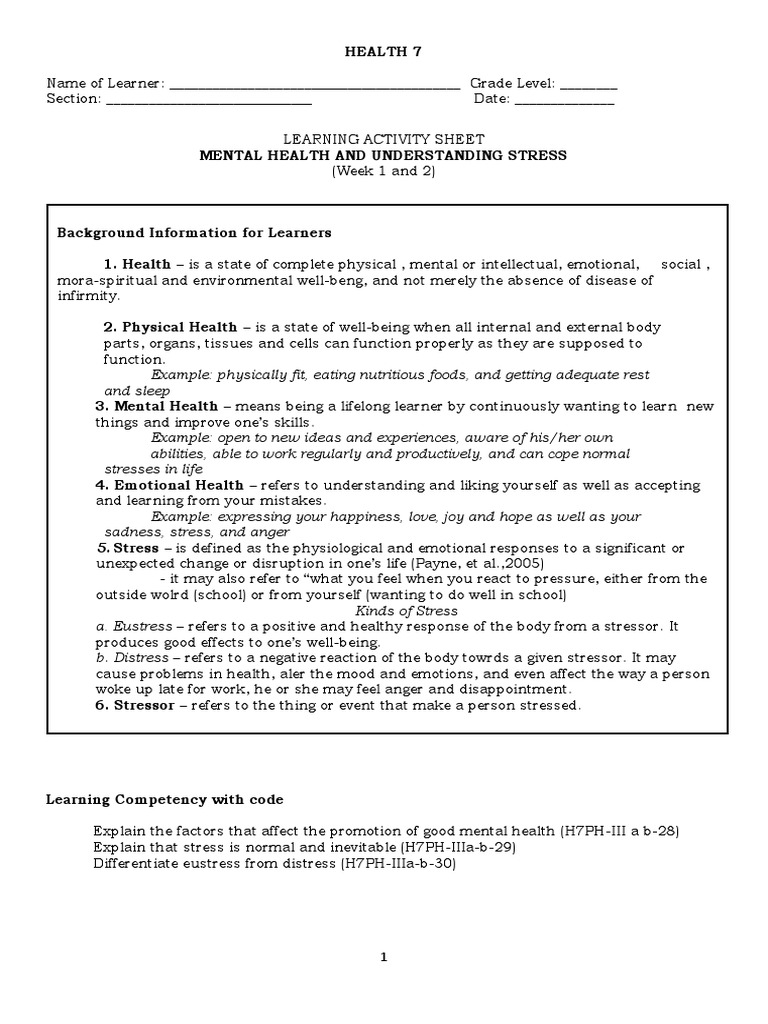 3rd Quarter LAS in Health Week 1 and 2 | PDF | Stress (Biology ...