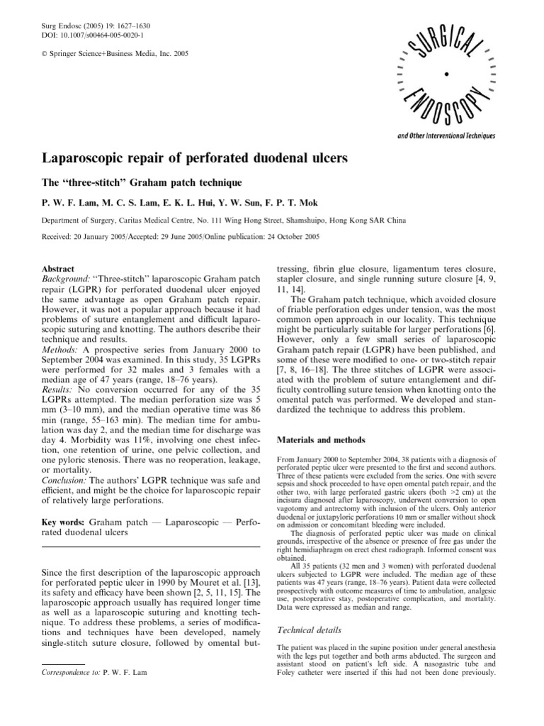 Laparoscopic Graham patch repair technique | PDF | Surgical Suture ...