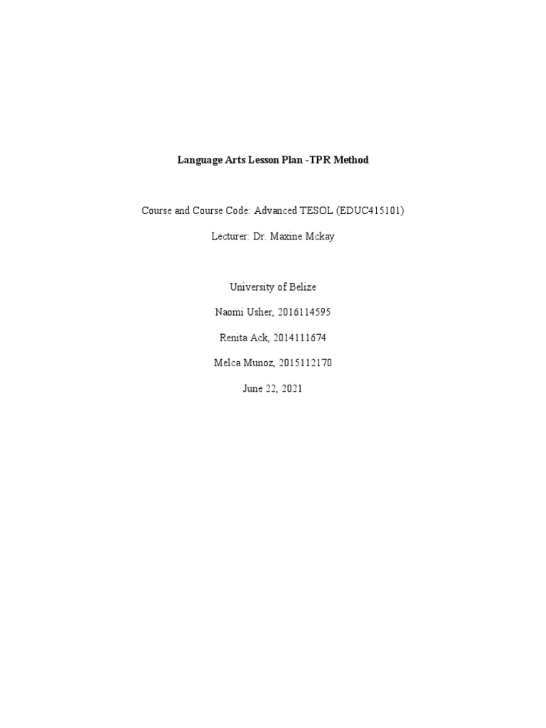 Language Arts Lesson Plan - TPR Method: Course and Course Code ...