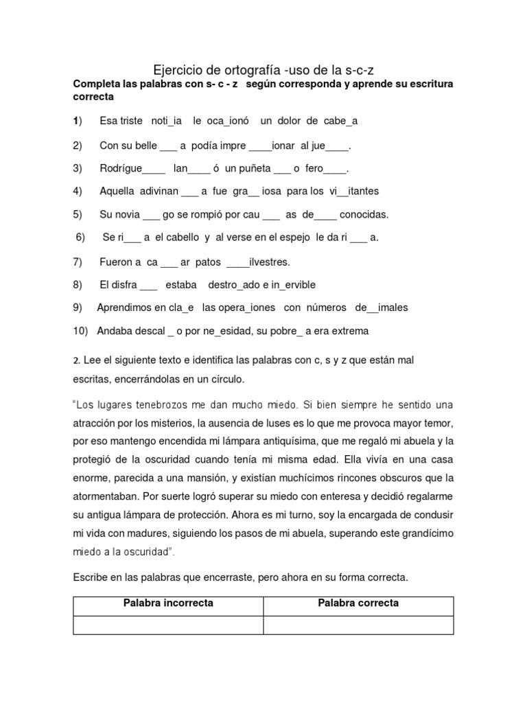 Ejercicio de Ortografía S C Z, J y G | PDF