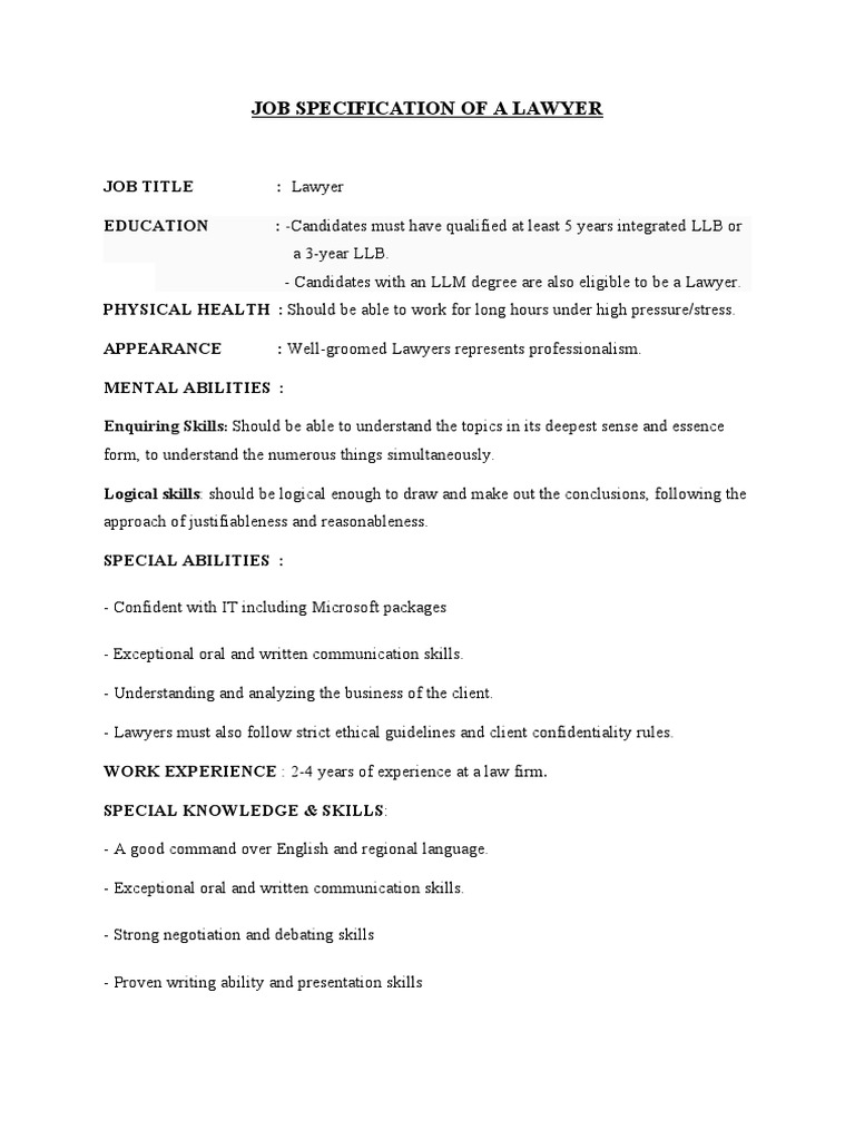 Lawyer Job Specification Guide | PDF | Business
