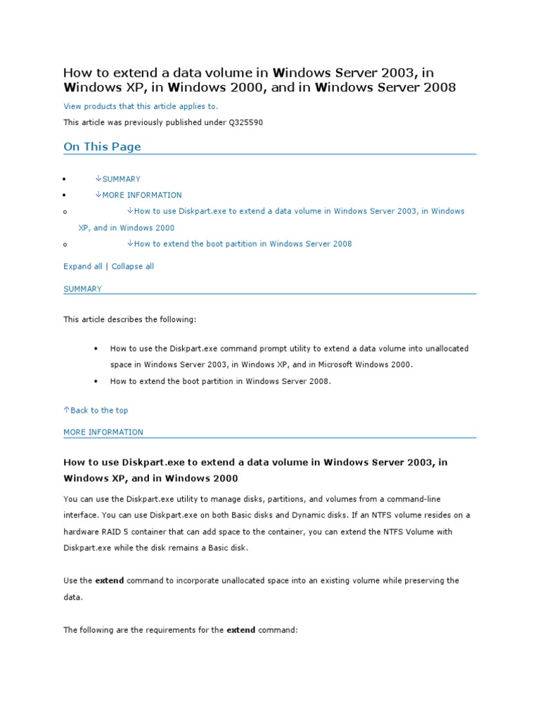 How To Extend A Data Volume in Windows Server 2003, in Windows XP, in ...