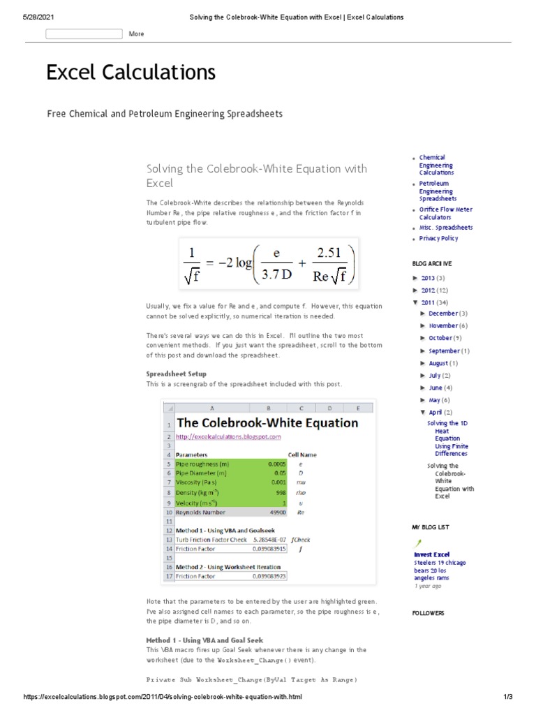 Solving The Colebrook-White Equation With Excel - Excel Calculations ...