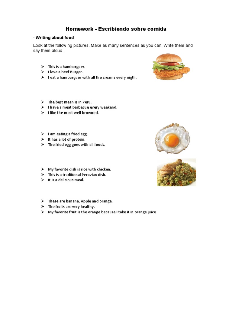 Homework - Escribiendo Sobre Comida: - Writing About Food | PDF