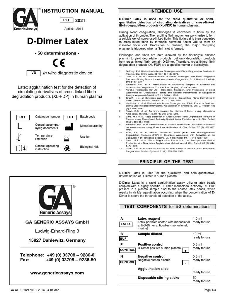 D-Dimer Latex: Instruction Manual | PDF | Coagulation | Anatomy