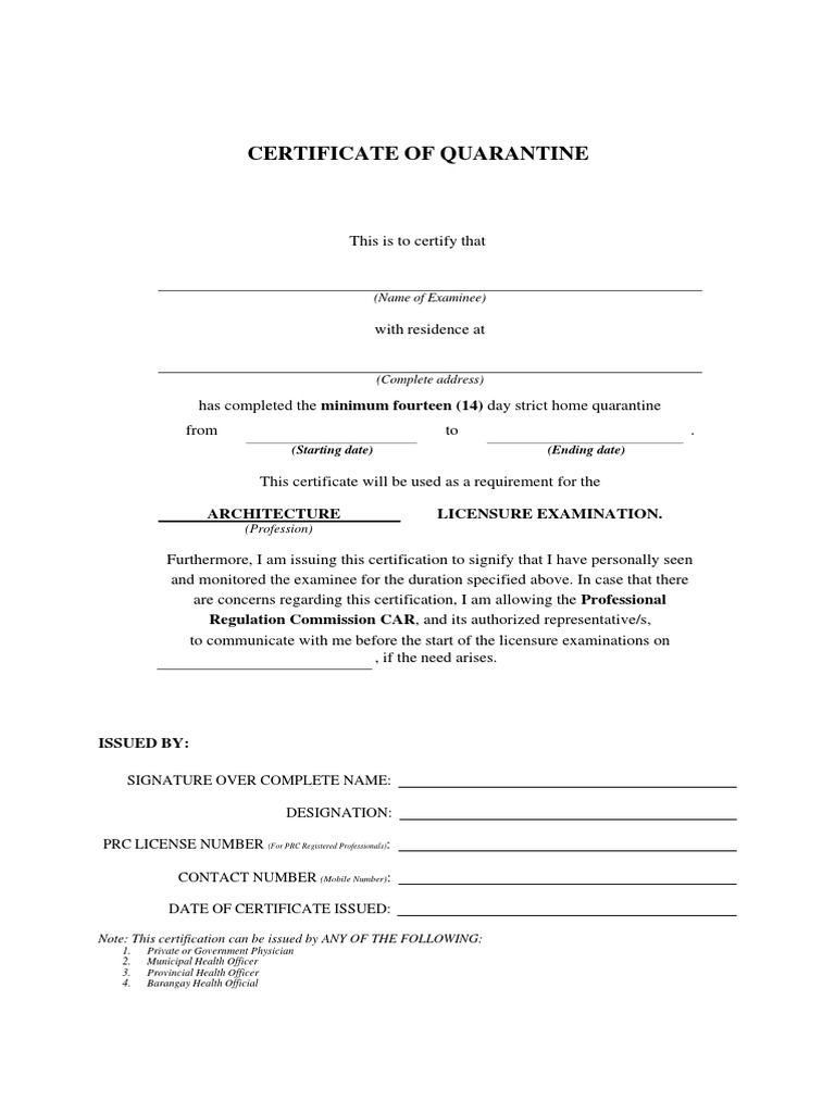 Certificate of Quarantine: Licensure Examination | PDF