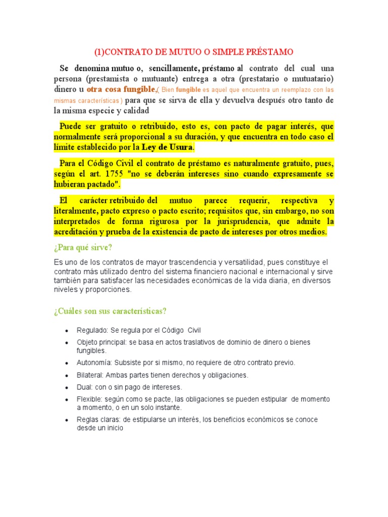 Contrato de Mutuo o Simple Préstamo | PDF | Bancos | Economias