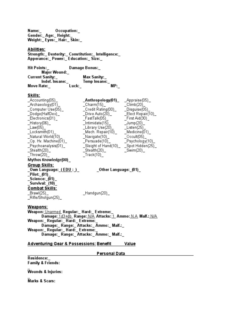 Call of Cthulhu Character Sheet | PDF