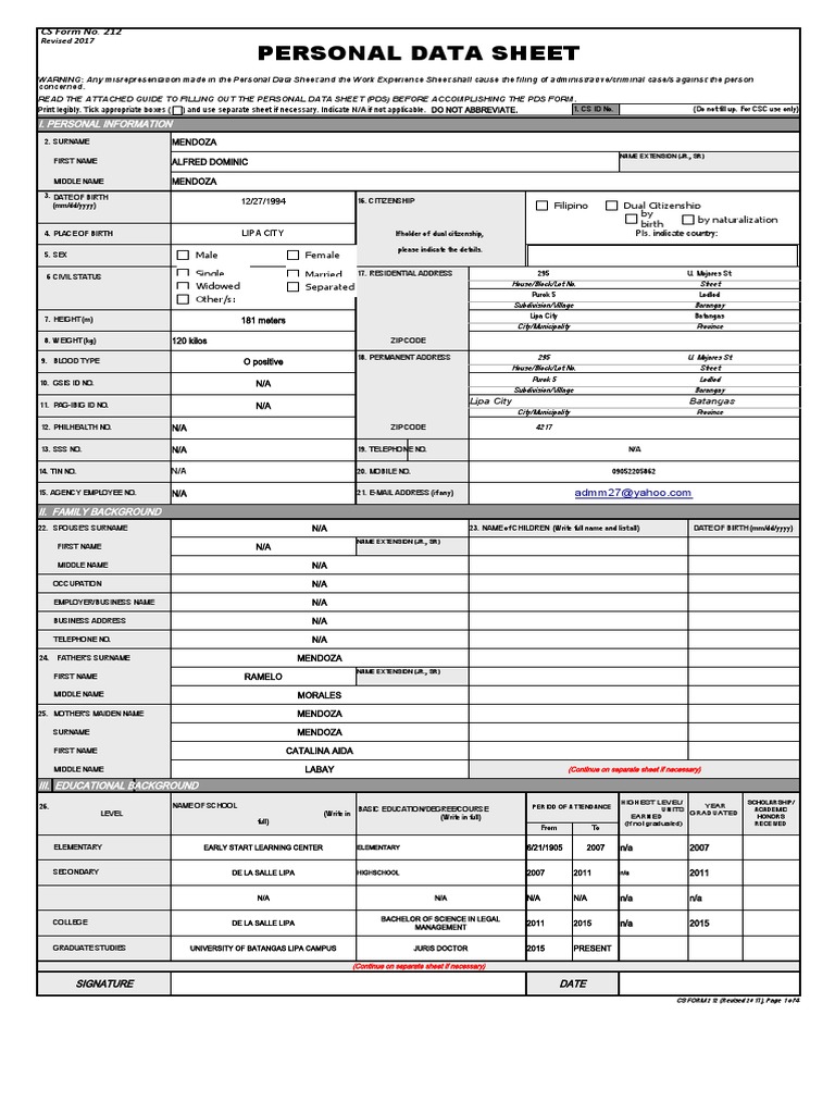 Personal Data Sheet | PDF | Crimes | Crime & Violence