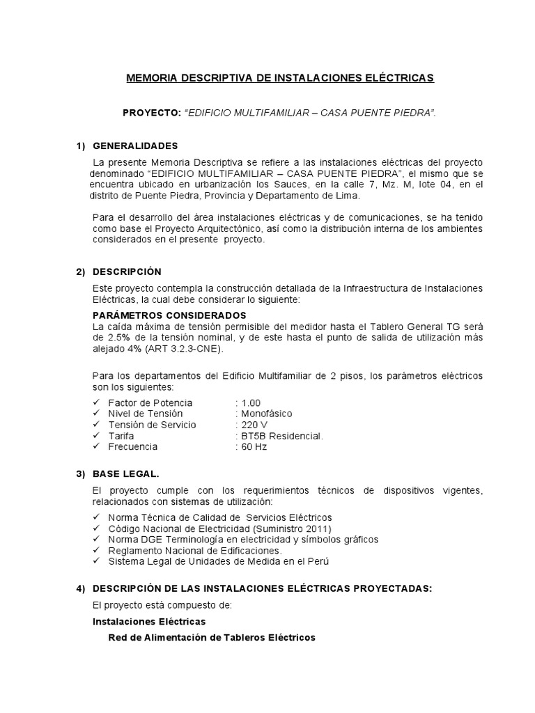 Memoria Descriptiva - Electricas | PDF | Encendiendo | Corriente eléctrica