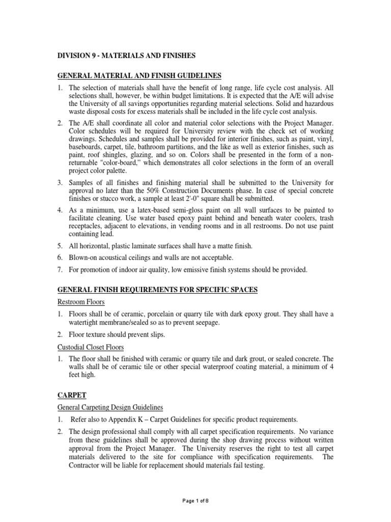 Division 9 - Materials and Finishes: Page 1 of 8 | PDF | Paint | Tile