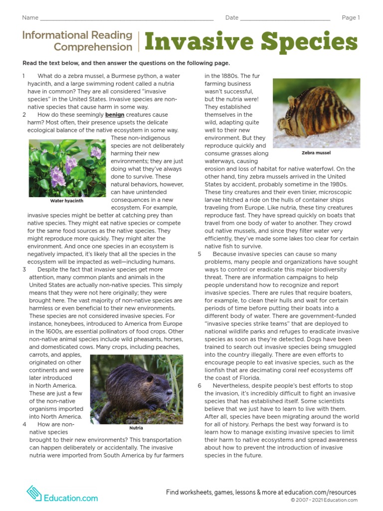 Invasive Species: Informational Reading Comprehension | PDF | Invasive ...