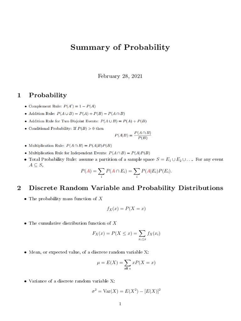 Summary of Probability 2 1 | PDF | Probability Distribution | Variance