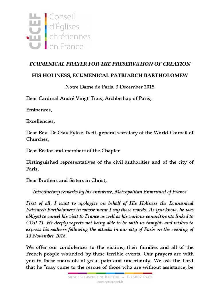Ecumenical Prayer For The Preservation of Creation: His Holiness ...