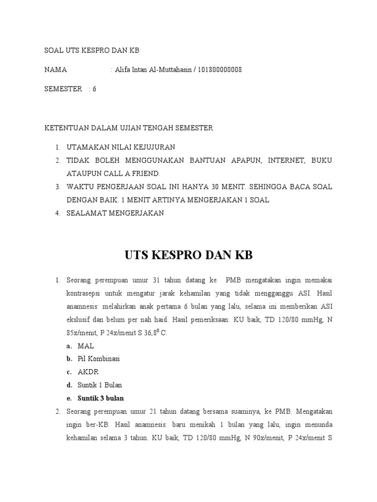 Soal Uts Kespro Dan KB - Fanni Hanifa | PDF