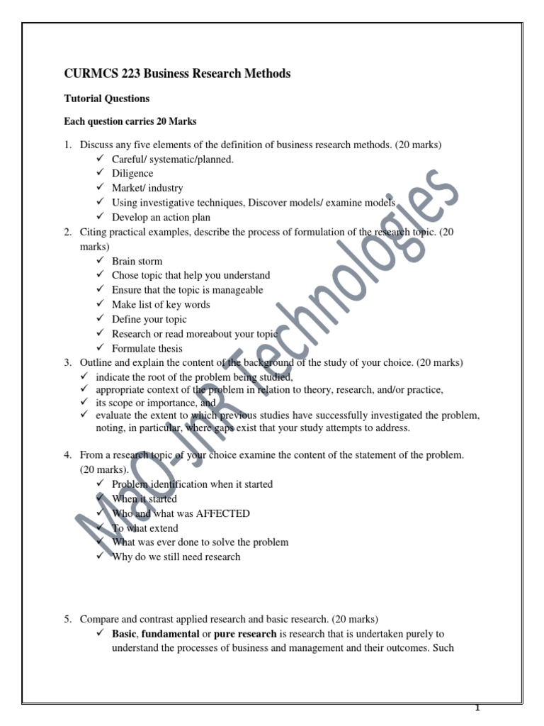 CURMCS 223 Business Research Methods: Tutorial Questions | PDF ...