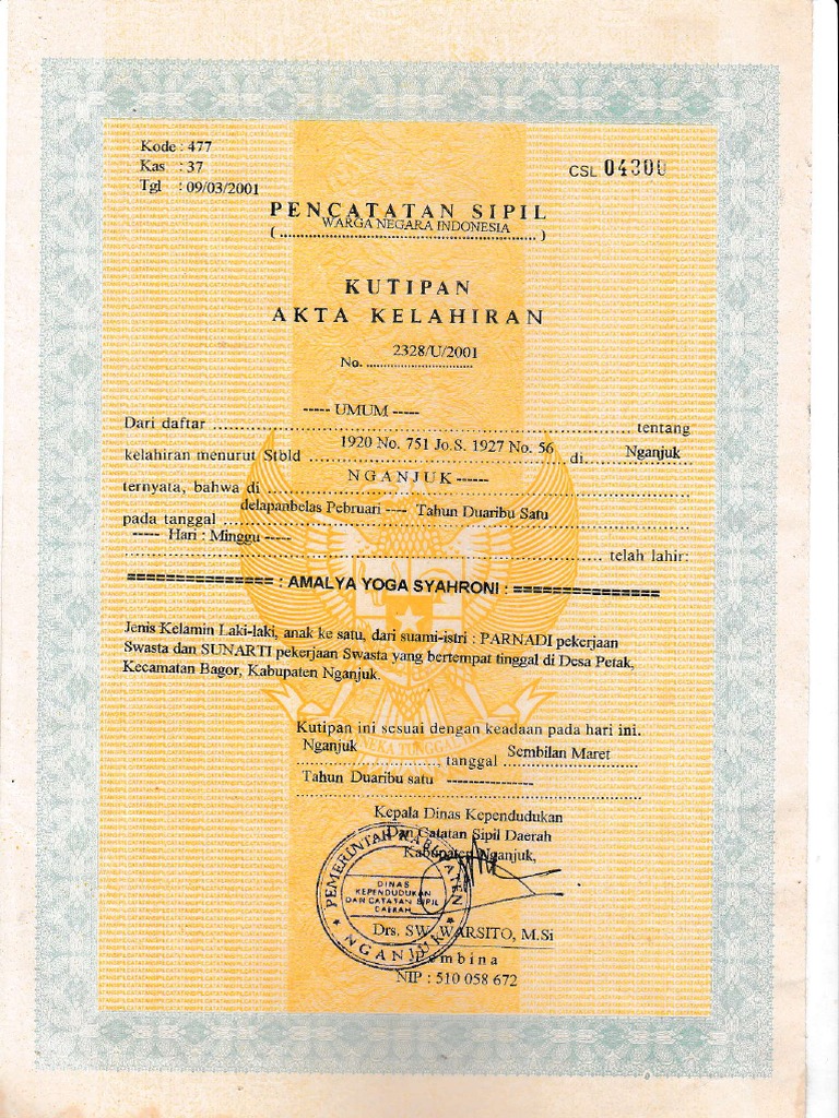 Contoh Akta Kelahiran 2001 | PDF