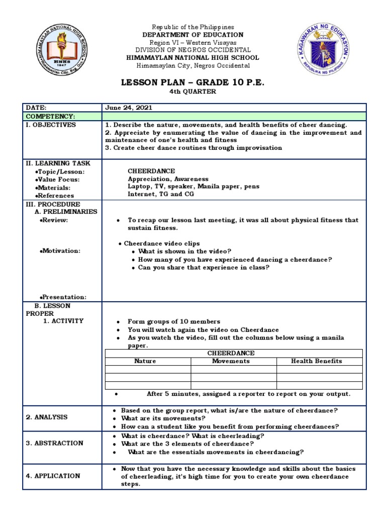 Lesson Plan - Grade 10 P.E | PDF | Cheerleading | Physical Education