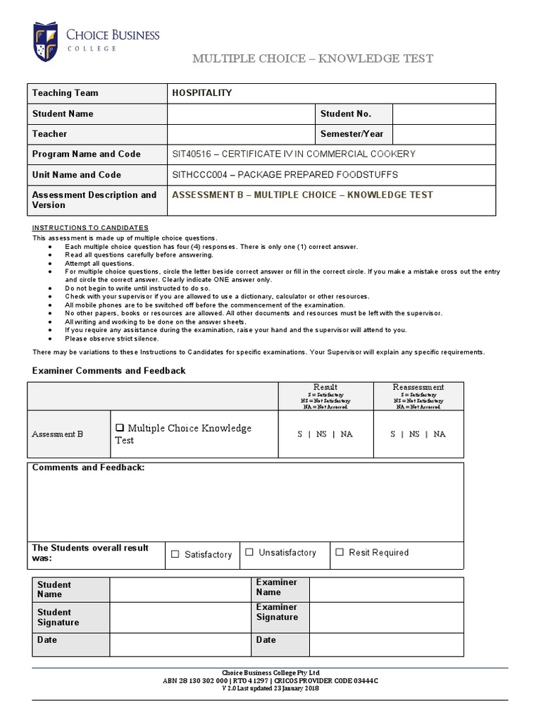 Assessment B - Knowledge Test (1) (5) Completed | PDF | Multiple Choice ...
