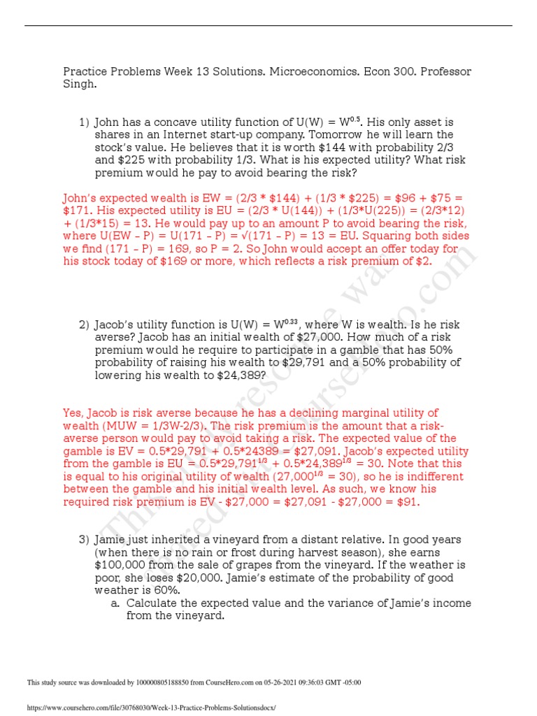 Week 13 Practice Problems Solutions | PDF | Risk Aversion | Economies