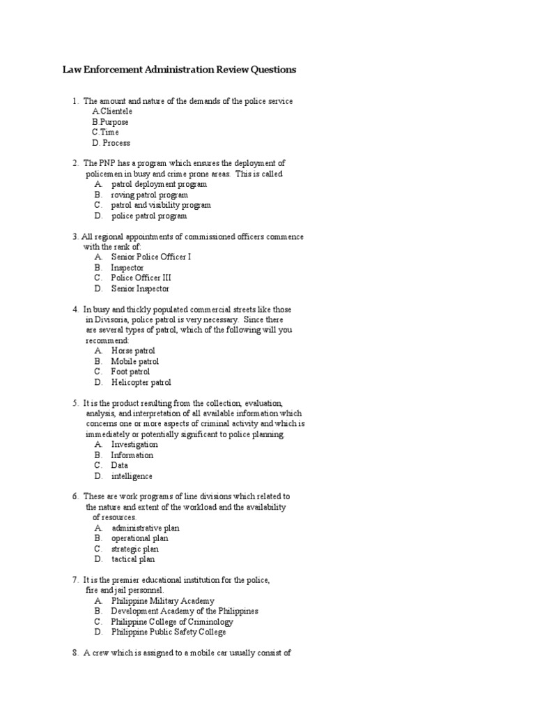 Law Enforcement Administration Review Questions | PDF | Police ...