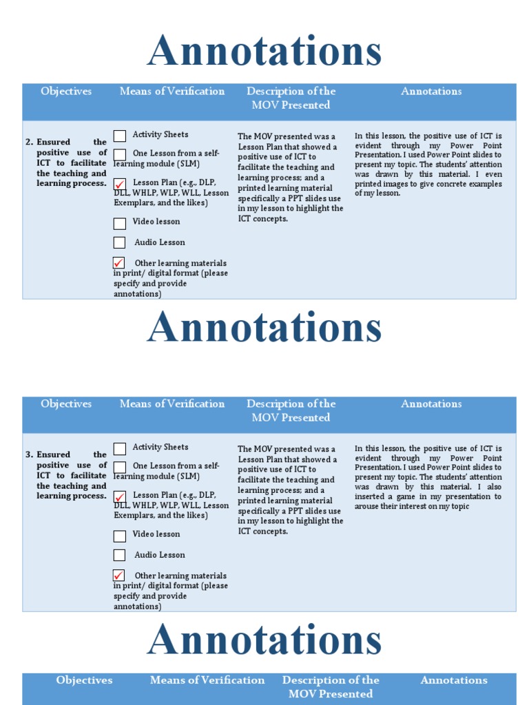Annotations: Objectives Means of Verification Description of The MOV ...