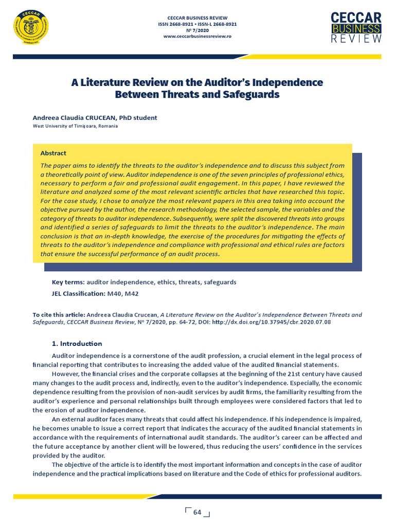 Literature Review On The Auditorrsquos Independence Between Threats and ...