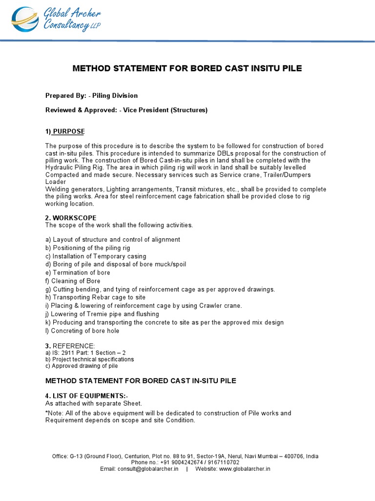 Method Statement For Bored Cast Insitu Pile | PDF | Deep Foundation | Concrete