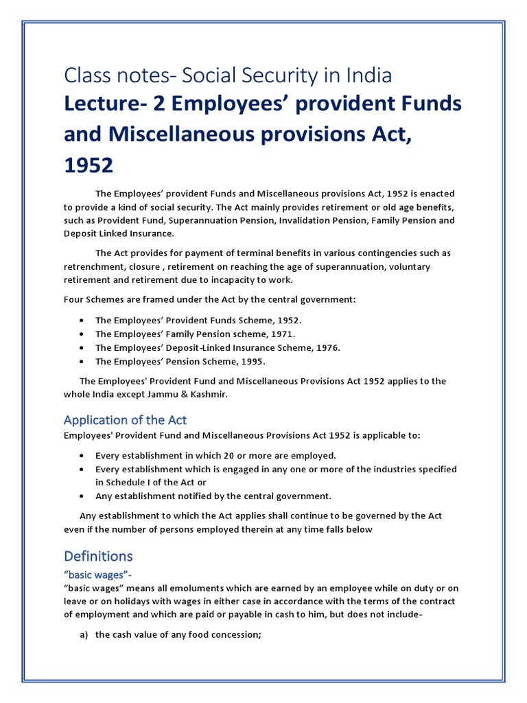 Overview of EPF Act 1952 Provisions | PDF | Government | Economies