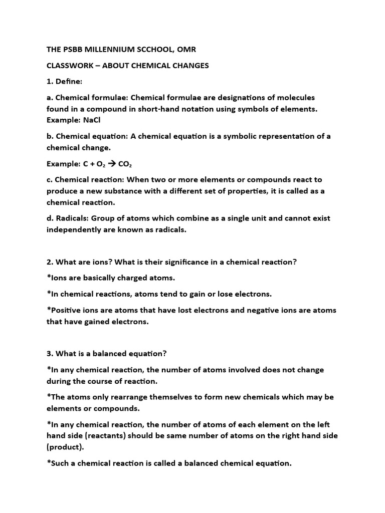 About Chemical Changes - Classwork | PDF