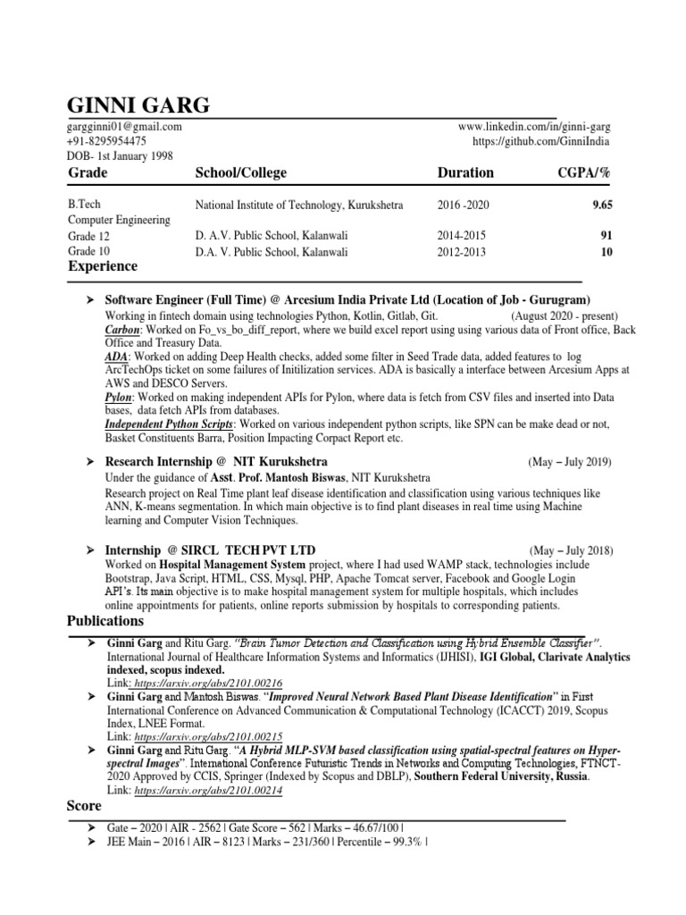 Ginni Garg: Grade School/College Duration CGPA/% | PDF | Java Script | Software Engineering