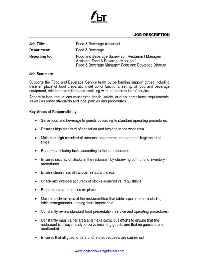 Job Title: Department: Reporting To | PDF | Waiting Staff | Restaurants