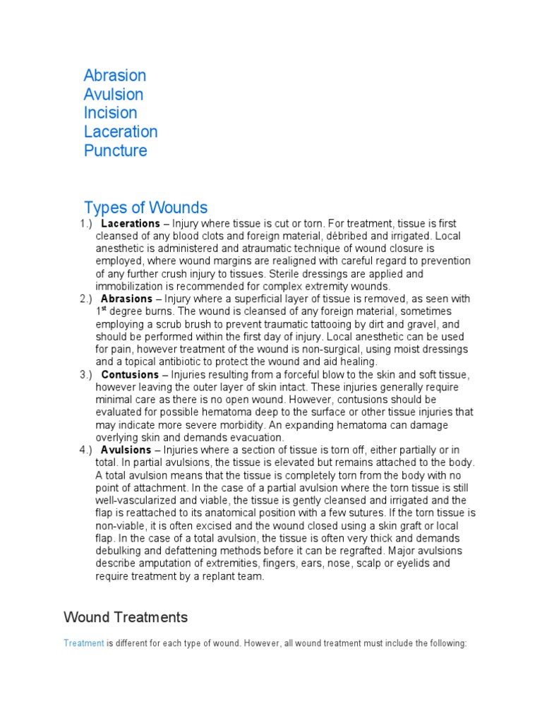 Abrasion Avulsion Incision Laceration Puncture: Wound Treatments | PDF ...