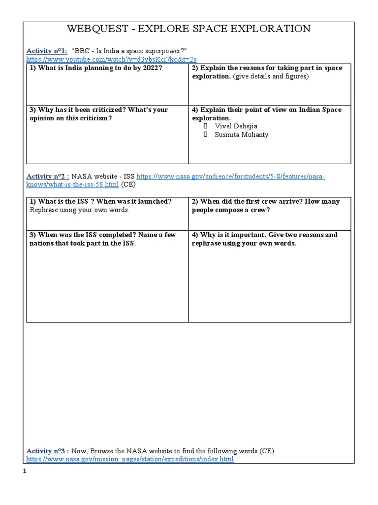 Space Exploration WebQuest | PDF | International Space Station | Nasa