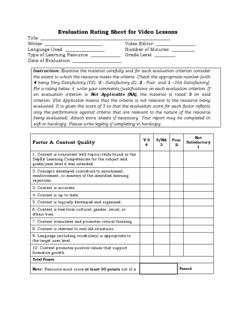 Evaluation Rating Sheet For Video Lessons | PDF | Evaluation | Learning