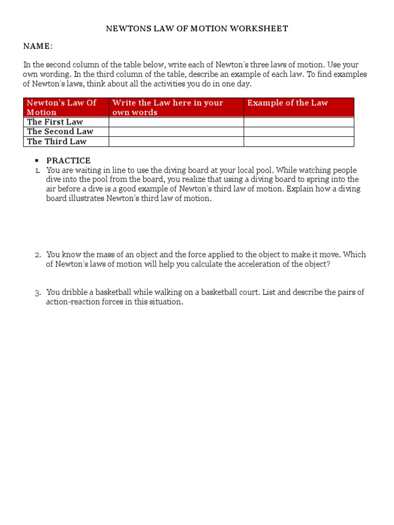 Newtons Law of Motion Worksheet | PDF | Force | Newton's Laws Of Motion