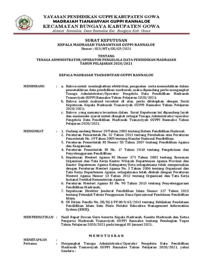 Contoh SK Operator Madrasah | PDF | Karier & Perkembangan