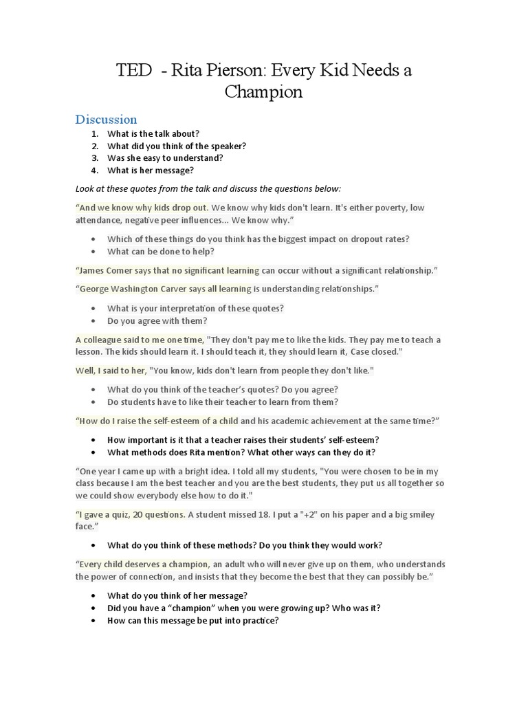 TED - Rita Pierson: Every Kid Needs A Champion: Discussion | PDF