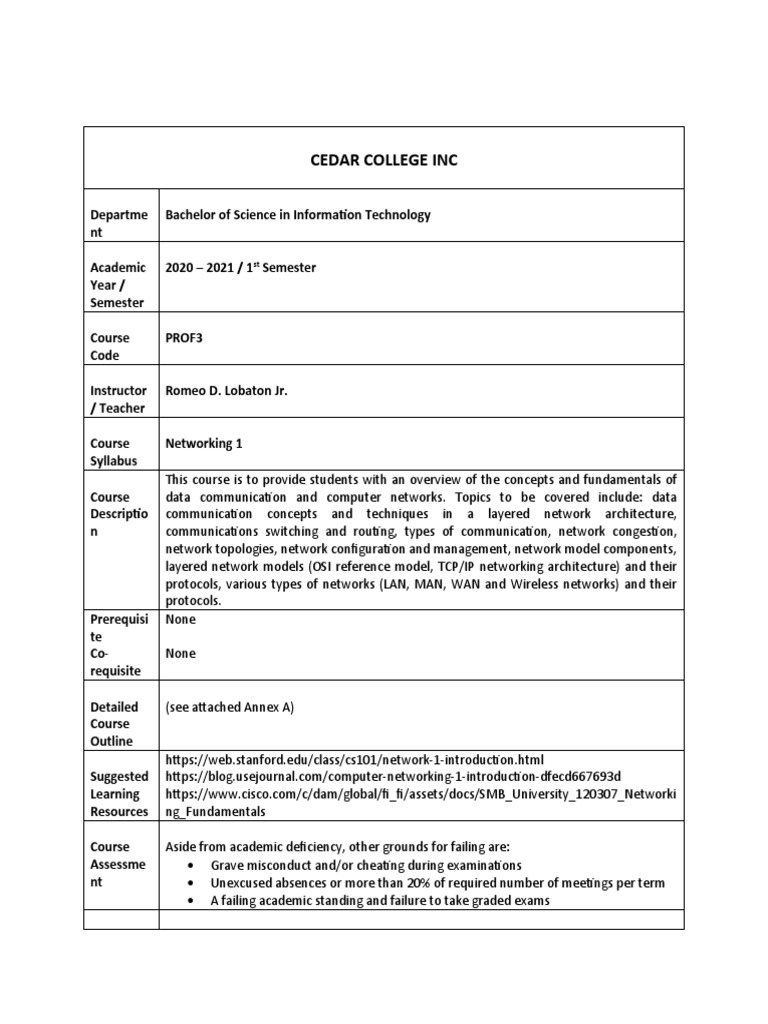 Networking 1 Syllabus | PDF | Computer Network | Local Area Network